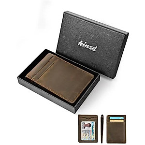 kinzd Slim Wallet with Money Clip RFID Blocking Minimalist Bifold Wallet for Men Genuine Leather Front Pocket Card Holder (AS137 - Crazy Horse Leather Dark Brown)
