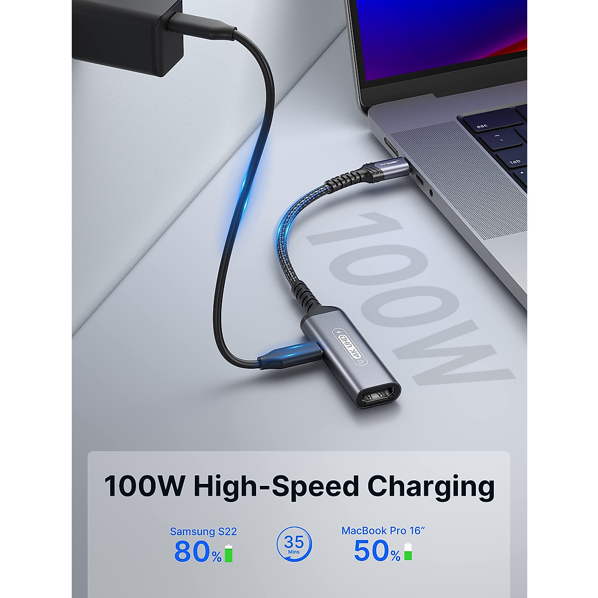 JSAUX USB C to HDMI and Charger Adapter | 4K@60Hz 2-in-1 Type-C to HDMI Adapter with PD Fast 100W Thunderbolt 3/4 Compatible with iPhone 16 Pro Max MacBook Pro/Air iPad Galaxy S24 Steam Deck ROG Ally