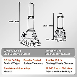 VEVOR Stair Climbing Cart, 220 lbs Load Capacity, Foldable Hand Truck with 32.3-45.7 inch Adjustable Handle Height, 4 Universal Wheels & 2 Elastic Ropes, Multipurpose Dolly for Warehouse Shopping