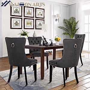 MAISON ARTS Faux Leather Dining Chairs Set of 6, Upholstered Tufted Dining Room Chair with Pull Ring Trim & Button Back Modern Diner Chairs Solid Wood Legs for Kitchen Dining Room, Black