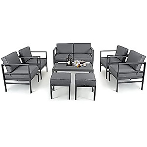 Auzfy Cast Aluminum Outdoor Patio Furniture with Ottomans, All Weather Metal Outdoor Patio Sectional Conversation Furniture Set with Coffee Table, 8pcs Modern Outdoor Steel Seating Furniture Set, Grey