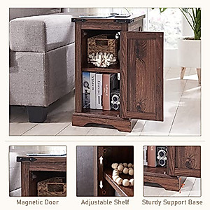 JXQTLINGMU Nightstand with Charging Station, Rectangular Farmhouse End Table with Barn Door and Adjustable Storage Shelf, 17" Deep Wood Rustic Sofa Side Table for Living Room, Bedroom, Brown