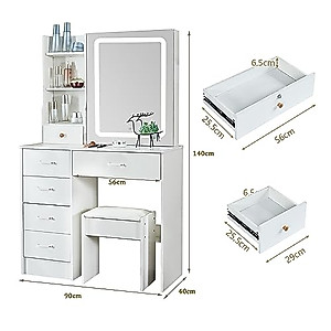 JBLCC Large Vanity Desk with Mirror and Lights,Makeup Vanity with Sliding Mirror, Large Vanity Set with Storage Shelves, Drawers, Modern Vanity Table for Bedroom (62707led)