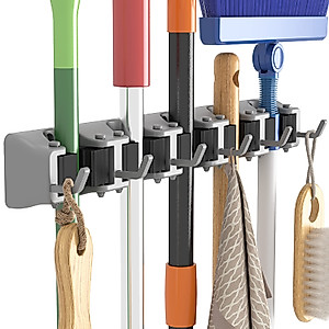 Lifewit Mop and Broom Holder Wall Mount, Anti-Slip Broom Hanger for Kitchen Organization, Heavy Duty Cleaning Supplies Organizer, Easy Install Tool Organizer for Closet, Garage, 5 Slot 6 Hooks, Grey