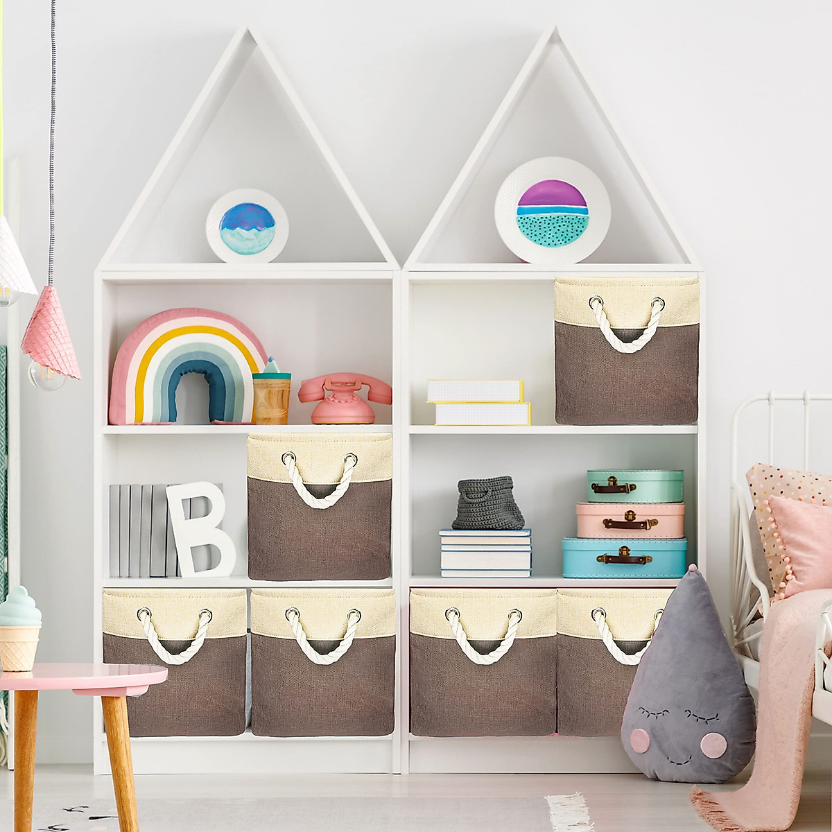 HunnyBunny Foldable Storage Bins - Premium Quality Organizing Baskets for Home Office, Living Room, Bedroom, Kitchen, Bathroom, Nursery, Closet - Collapsible Cube, Cotton Fabric, 13x13 - Pack of 4 (Brown)