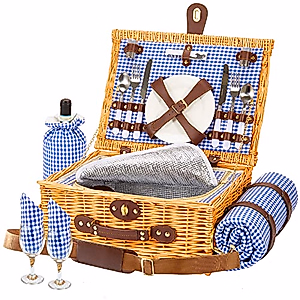 Greenstell Wicker Picnic Basket Sets for 2 Persons with High Sealing Insulation Layer,Waterproof Picnic Mat, Removable Strap and Wine Bag, Tableware, Picnic Basket for Family,Party,Outdoor,Camping