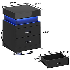 ChooChoo LED Nightstand Set of 2,Smart Night Standwith Charging Station and Sliding Top Storage, Black