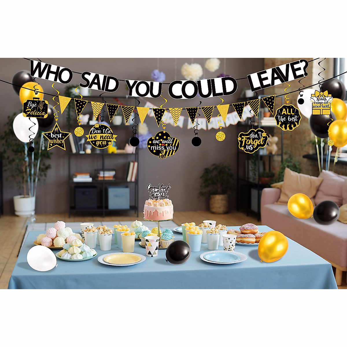 Black and Gold Goodbye Party Decorations - Farewell Decor Balloons + "Who Said You Could Leave" Banner + Hanging Swirls + Cupcake Topper Going Away Supplies