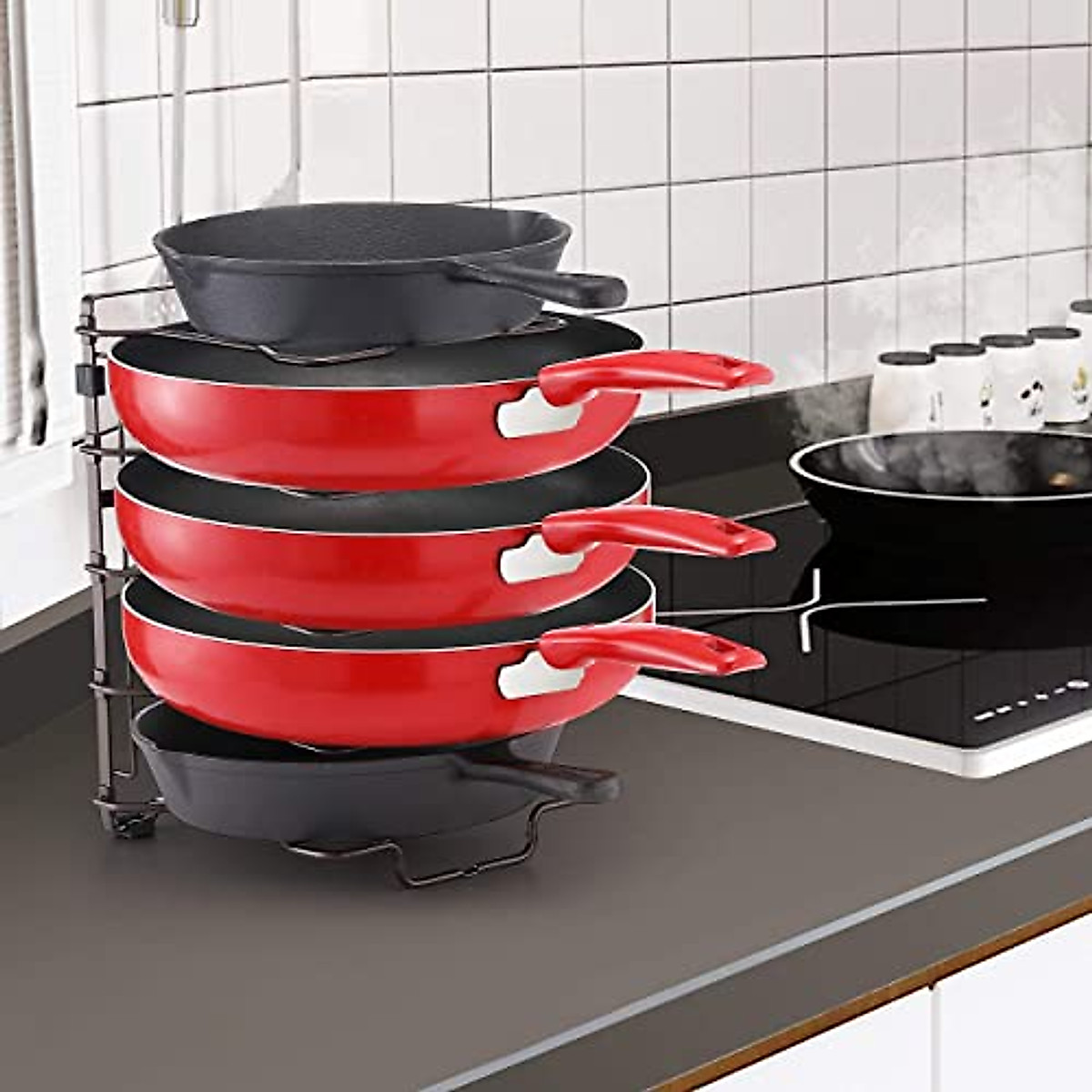 Simple Trending Adjustable Pan and Pot Lid Organizer Rack Holder, Kitchen Counter and Cabinet Organizer, Bronze