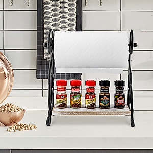 MyGift Black Metal Countertop Paper Towel Holder with Decorative Scrollwork Design and Whitewashed Wood Condiment Rack Storage Display Shelf