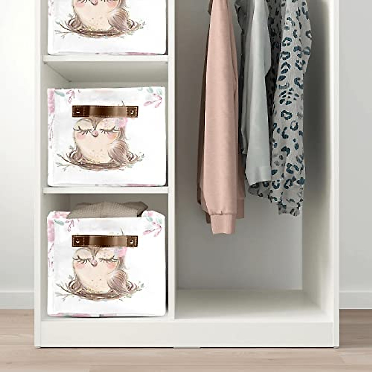 Pink Cute Floral Owl Personalized Storage Bins Box Baskets with Handle Cubes Clothes Basket Box for Women Christmas Office Holiday 1 Pack