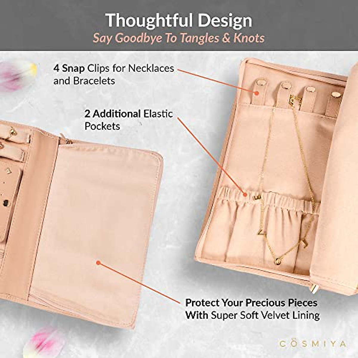 COSMIYA Luxury Vegan Leather Traveling Jewelry Organizer - Jewelry Roll, Travel Jewelry Bag, Jewelry Travel Organizer, Travel Necklace Earring Ring Organizer, Organizador De Joyas Para Mujer