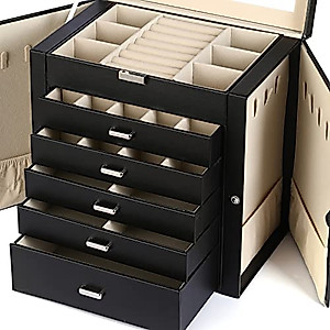 BOOVO Jewelry Box For women, 6 Layer Large Jewelry Organizer With Mirror, Multi-Function Storage Box With Lock, Accessory Holder With 5 Drawers, For Earrings Necklace Ring Bracelet (Black)