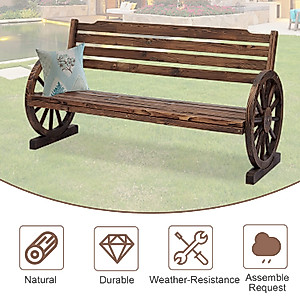 KINBOR BABY Outdoor Bench Wooden Garden Seat - 55” Patio Rustic 2-Person Wagon Wheel Furniture (Style 1)