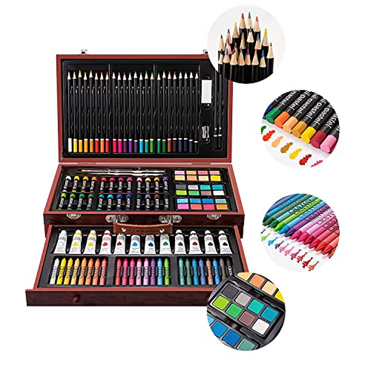 Art Supplies, 129-Piece Deluxe Wooden Art Set Crafts Kit with 2 Sketch Pads, Canvas Boards, Oil Pastels, Colored Pencils, Watercolor Cakes, Creative Gift for Kids, Teens, Beginners Girls Boys