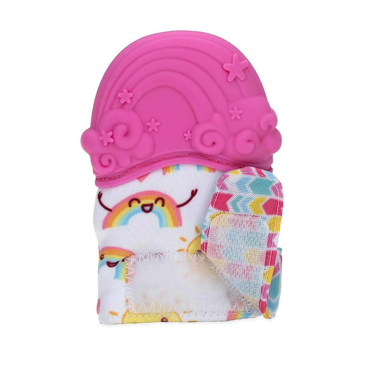 Nuby Happy Hands Silicone Teething Mitten: 3M+, Rainbow, Pink (80725)