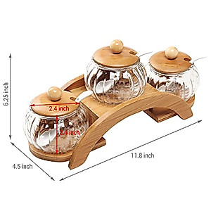 MyGift Clear Glass Spice Jars Condiment Pot with Bamboo Lids, Ceramic Spoons and Tiered Serving Tray, 10 Piece Set