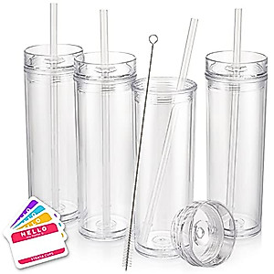 STRATA CUPS Skinny Acrylic Clear Tumblers with Lid and Straw 4 Pack - 16 oz Insulated Double Wall Reusable Plastic Tumbler Cups with FREE Straw Cleaner & Name Tags | Bulk Camping & Traveling Tumblers