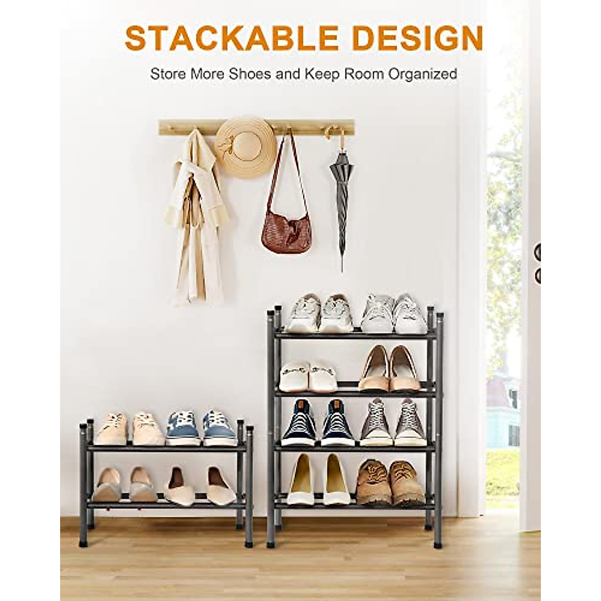 MULISOFT 2-Tier Expandable, Stackable and Adjustable Shoe Rack Organizer, Sturdy and Durable Metal Shoe Storage Organizer, Vertical Shoe Rack for Closet/Entryway/Bedroom/Dorm/Doorway