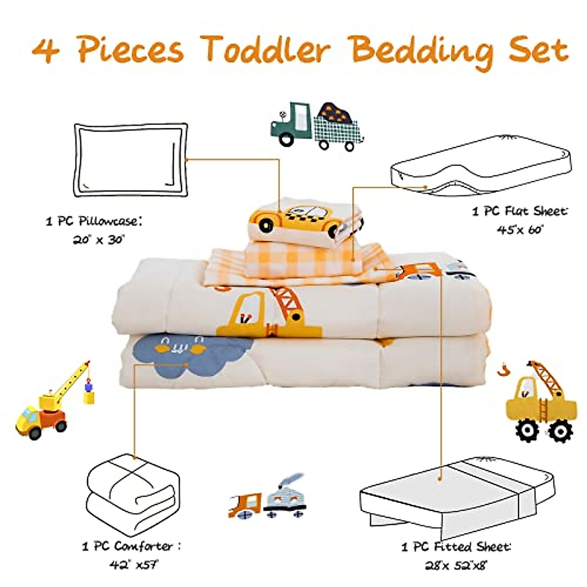 Drucon Cartoon Truck Toddler Comforter Set 4pcs Cotton Bedding Soft Reversible Bedding Set for All Season (1 Comforter,1 Flat Sheet, 1 Fitted Sheet and 1 Pillowcase)