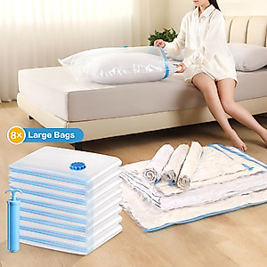 8 Pack Large Vacuum Storage Bags, Space Saver Vacuum Bags, Large Vacuum Seal Bags For Clothing, Clothes, Pillows, Comforters, Blankets, Bedding with Hand Pump