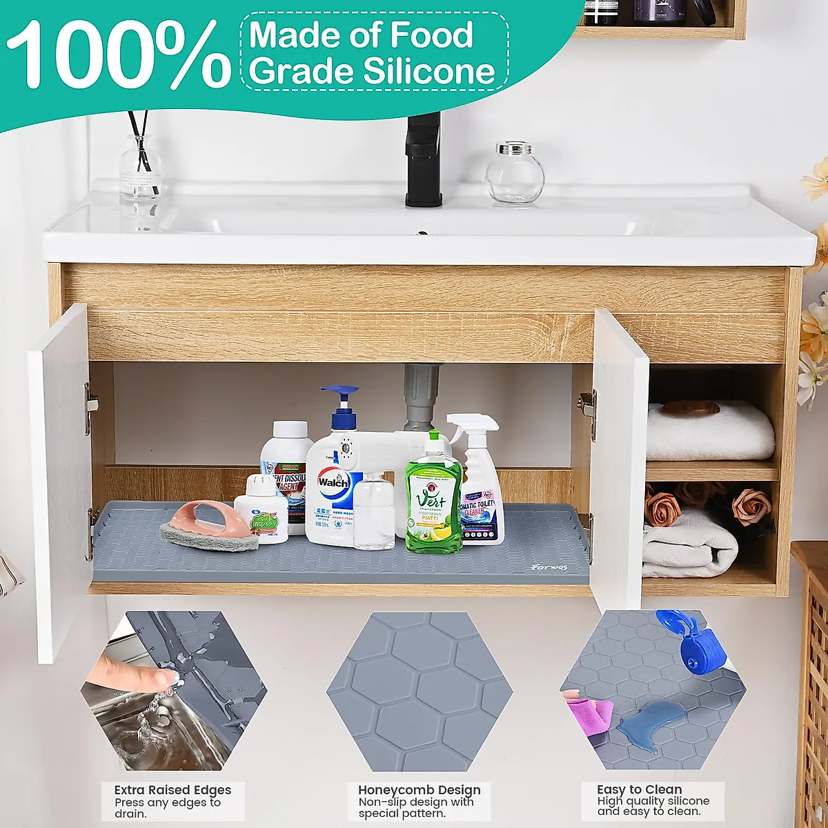 FORWOS Waterproof Under Sink Mat 28" x 22", Silicone Cabinet Liner, Rubber Protector for Kitchen and Bathroom, Keeps Cabinets Clean, Dry, and Organized (Grey)