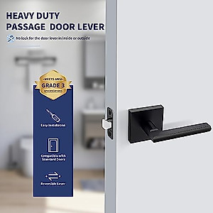 LOQRON Passage Door Lever Heavy Duty Keyless Door Handle Square Non-Locking Door Lock Matte Black Finish Reversible for Hall Closet Door