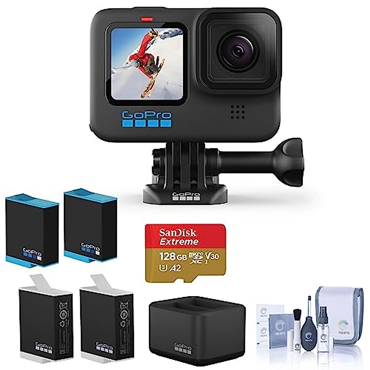 GoPro HERO10 Black, Waterproof Action Camera, 5.3K60/4K Video, 1080p Live Streaming, Power Bundle with Dual Charger, 3 Extra Battery, 128GB microSD Card, Cleaning Kit
