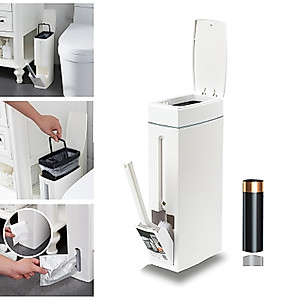 Rv Camper Trash Can Inside [Space Saving & Odor-Proof], Skinny Bathroom Trash Can and Toilet Brush Set, Ultra Slim Trash Can Bathroom with Lid, Small Garbage Can Tiny Trash Bin Built-in Bag Dispenser