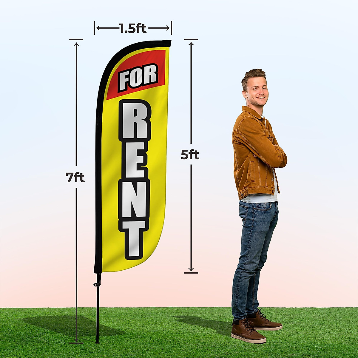 LookOurWay Feather Flag Pole Kit - 7 Feet Tall Advertising Banner with Fiberglass Pole Set and Ground Spike for Business Promotion - Real Estate Flags - For Rent