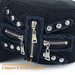 REDSHARKS Women Soft Washed Cotton Zip Cadet Army Cap Adjustable Military Hat Flat Top Baseball Sun Cap Zipper Stud Black