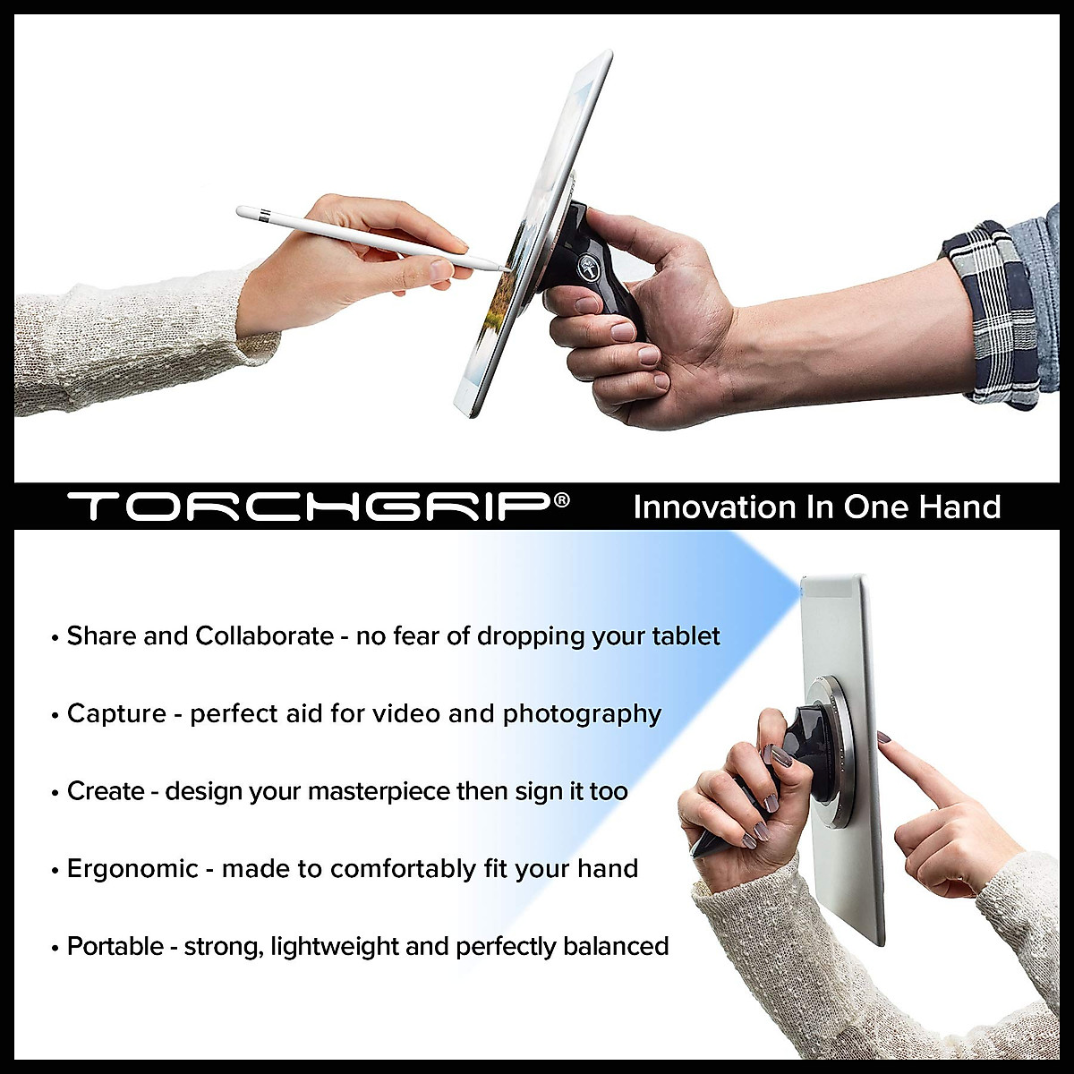 TORCHGRIP Universal Tablet Stand and Tablet Handle Compatible with iPad, Samsung and Most Other Tablets (Black/Black)