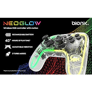 Bionik Neo Glow Nintendo Switch Wireless Controller: RGB Game Controller with Motion, 900 mAh Rechargeable Battery, Turbo Mode/Gyroscope/Transparent Shell/PC/Android