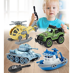 Take Apart Military Toys for 3 4 5 6 7 8 Year Old Boys Construction Vehicle Toys with Drill for Kids STEM Learning Building Toy Helicopter, SUV, Tank, Warship Pack of 4