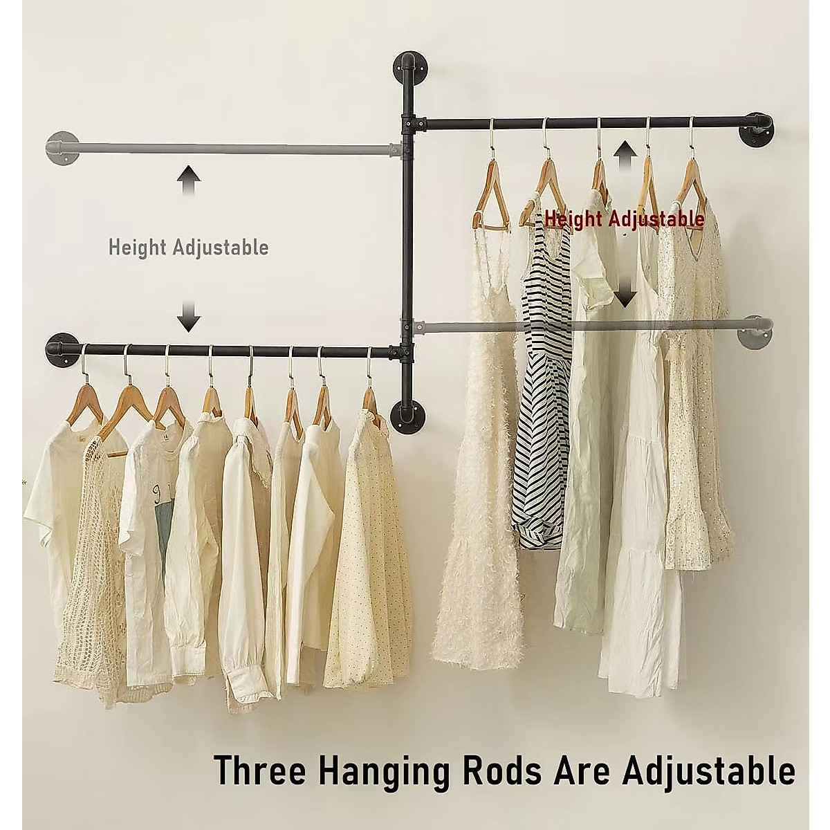 Industrial Pipe Clothing Rack Wall Garment Rack with Pipe Clothes Rails, Multi-Purpose Heavy Duty Clothes Hanging Rods Space-Saving Clothes Bar Organizer Closet (wall clothing rack-2 hanging rods)