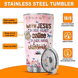 HUBUPU Christian Gifts, Tumbler 20 Oz With Lid And Straw, Religious Flower Women For Tumblers Floral, Jesus Coffee
