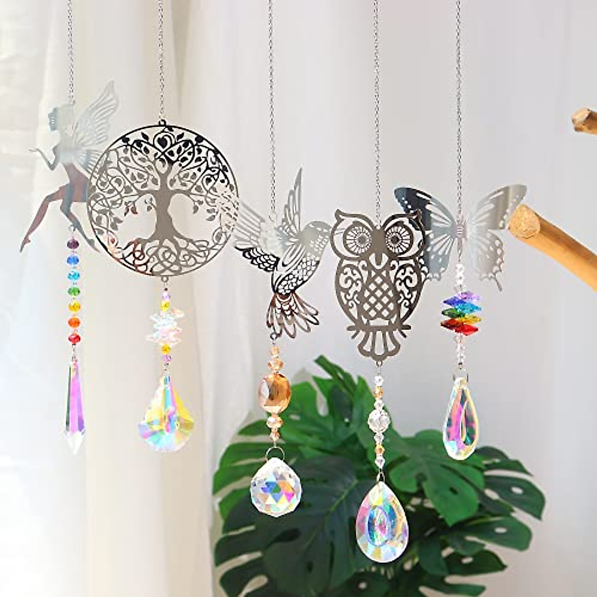 Crystal Suncatchers with Prisms Hanging Window Sun Catcher Decor Indoor Rainbow Maker Ornament Owl Hummingbird Butterfly Prism Suncatchers Gift, Pack of 5 (Silver)