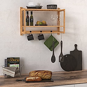 ClosetMaid Bamboo Wall Shelf with Towel Bar, 3 Hooks, Wall Mount Storage Shelves, 2 Tier, Organizer Rack, Natural Finish