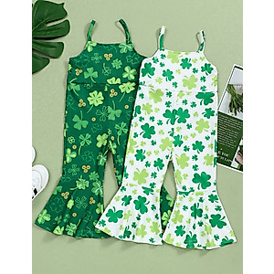 Sinda Toddler Baby Girl St. Patrick's Day Outfit Lucky Clover Print Sleeveless Bell-bottom Pants St.Patrick's Day Jumpsuit