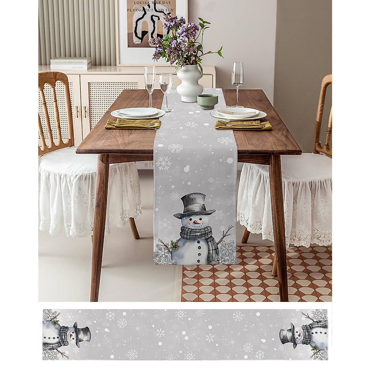 Grey Snowman Christmas Table Runner 36 Inches Long, Xmas Berry Botanical Farmhouse Dress Scarves, Winter Snowflake Dining Tablerunner for Coffee Table/Kitchen Island/Christmas Party, Small 13"x36"