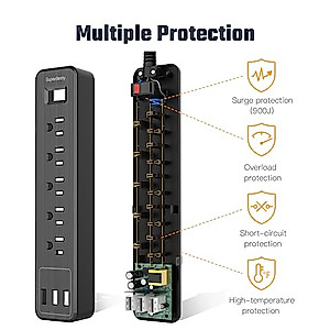Power Strip, SUPERDANNY 5-Outlet Surge Protector, 3 USB Ports, 4.5 Ft Extension Cord, 900 Joules, Mountable, Overload Switch, Protected Indicator Light, Multiple Protections for Home Office, Black
