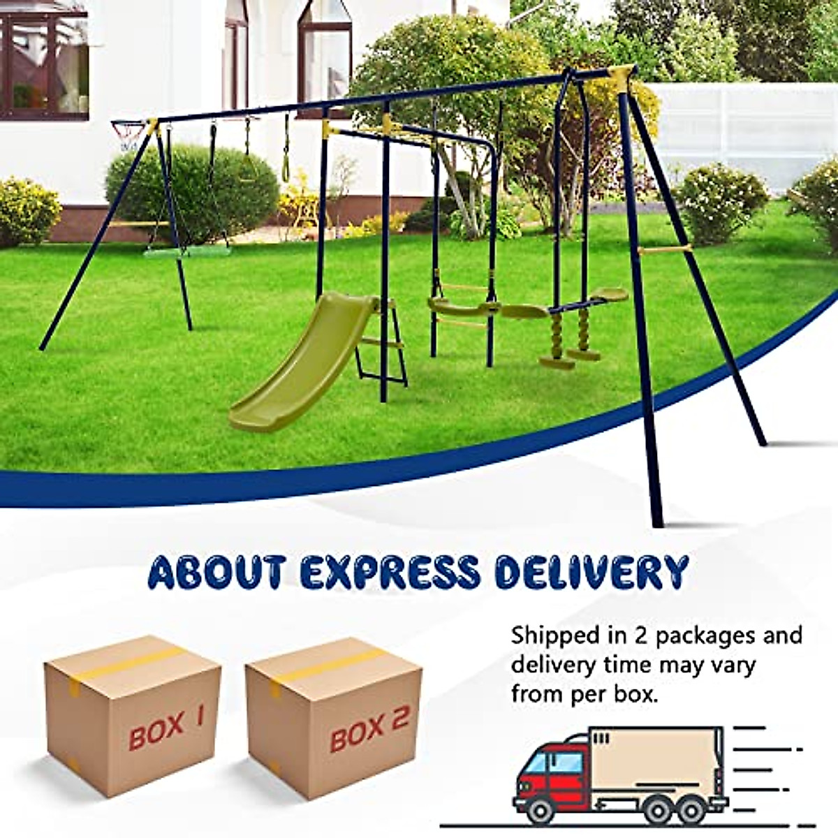 Costzon 660 lbs Swing Sets for Backyard, 7-in-1 Heavy Duty Extra Large Metal Swing Frame w/2 Swings, Glider, Gym Rings, Slide, Monkey Bar, Basketball Hoop, Play Equipment for Indoor Outdoor Gift Kids