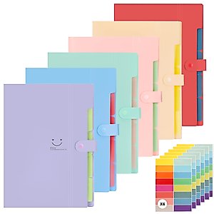 EOOUT Expanding File Folder, 6pcs A4 Letter Size Accordion Folder with 5 Pockets and 96pcs Labels in 16 Colors for School and Office Organzation