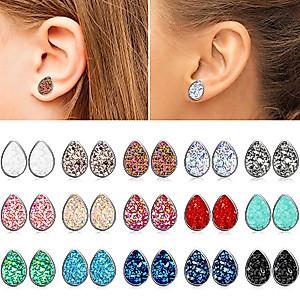 15 Pairs Faux Druzy Stud Earrings Teardrop Glitter Pierced Earrings Stainless Steel Earrings for Women Mothers Day Gift(Waterdrop)