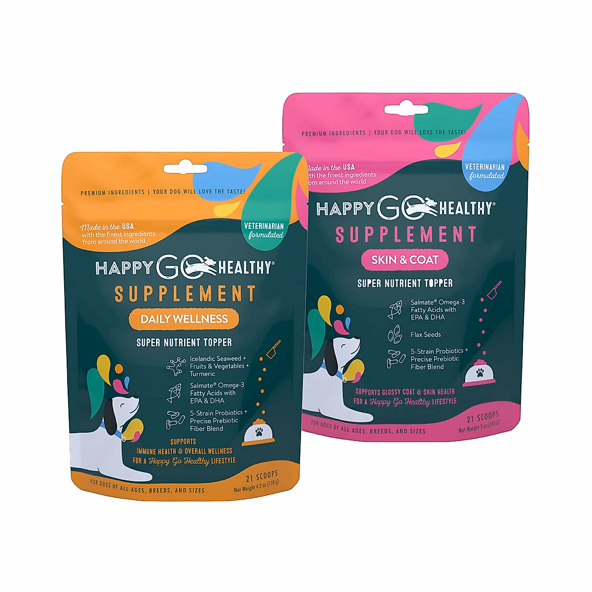 Happy Go Healthy Daily Wellness + Skin & Coat Bundle Supplements for Dogs - Probiotic & Prebiotic Benefits with Omega-3s | 2 x 21 Count Bags