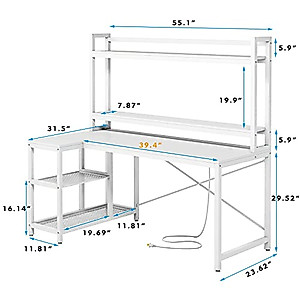 TIYASE Computer Desk with Hutch and Storage Shelves, 51 inch L-Shaped Corner Computer Desk with Power Outlet & Monitor Stand, Large Home Office Study Writing Table with USB Port & Tower Shelf, White
