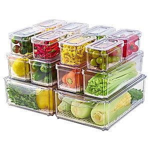 JollyPack 14 Pack Fridge Organizers, Refrigerator Organizer Bins with Lids, BPA Free Stackable Fruit Storage Containers for Fridge, Vegetables, Food and Drinks