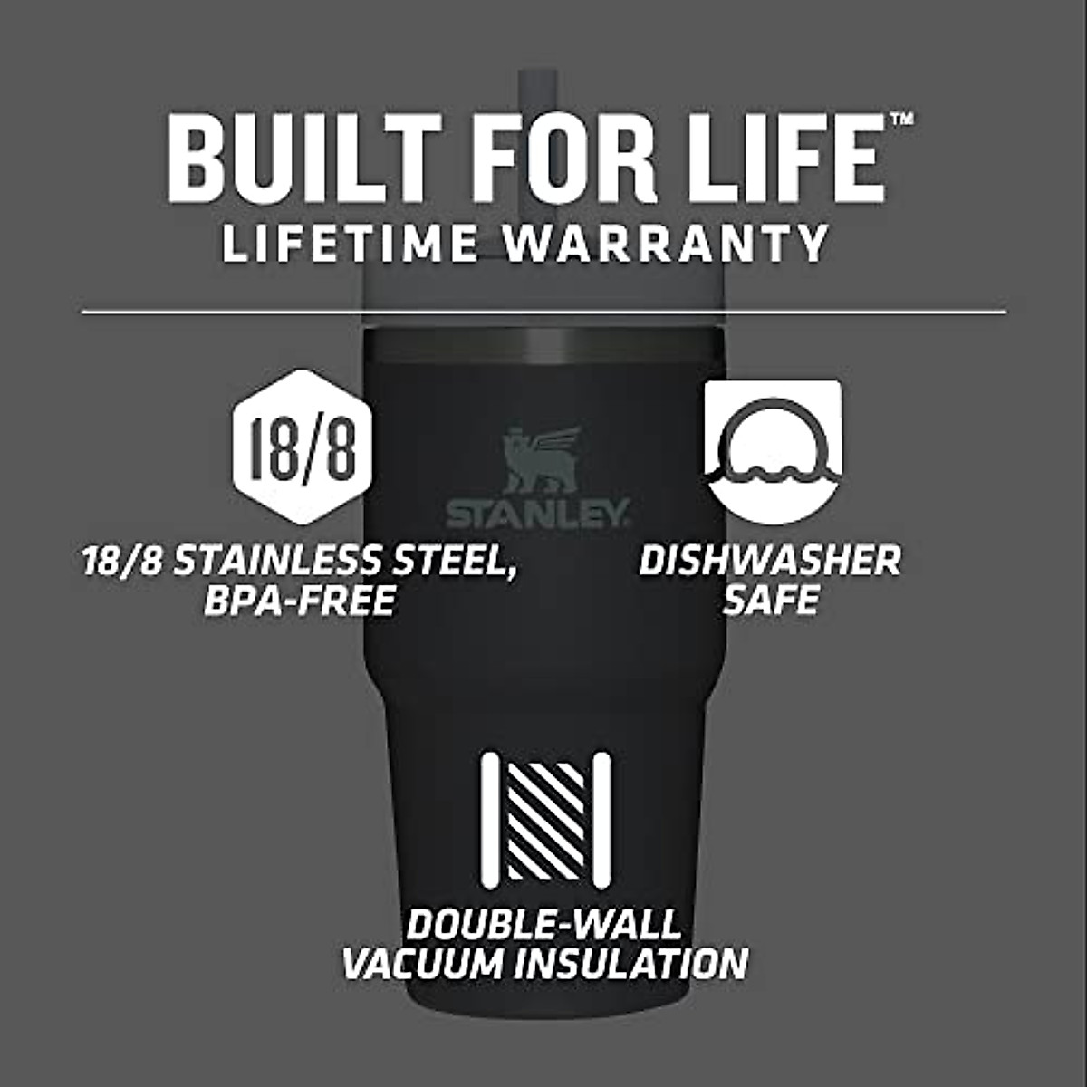 Stanley Quencher H2.0 FlowState Stainless Steel Vacuum Insulated Tumbler with Lid and Straw for Water, Iced Tea or Coffee, Smoothie and More, Charcoal, 20 oz