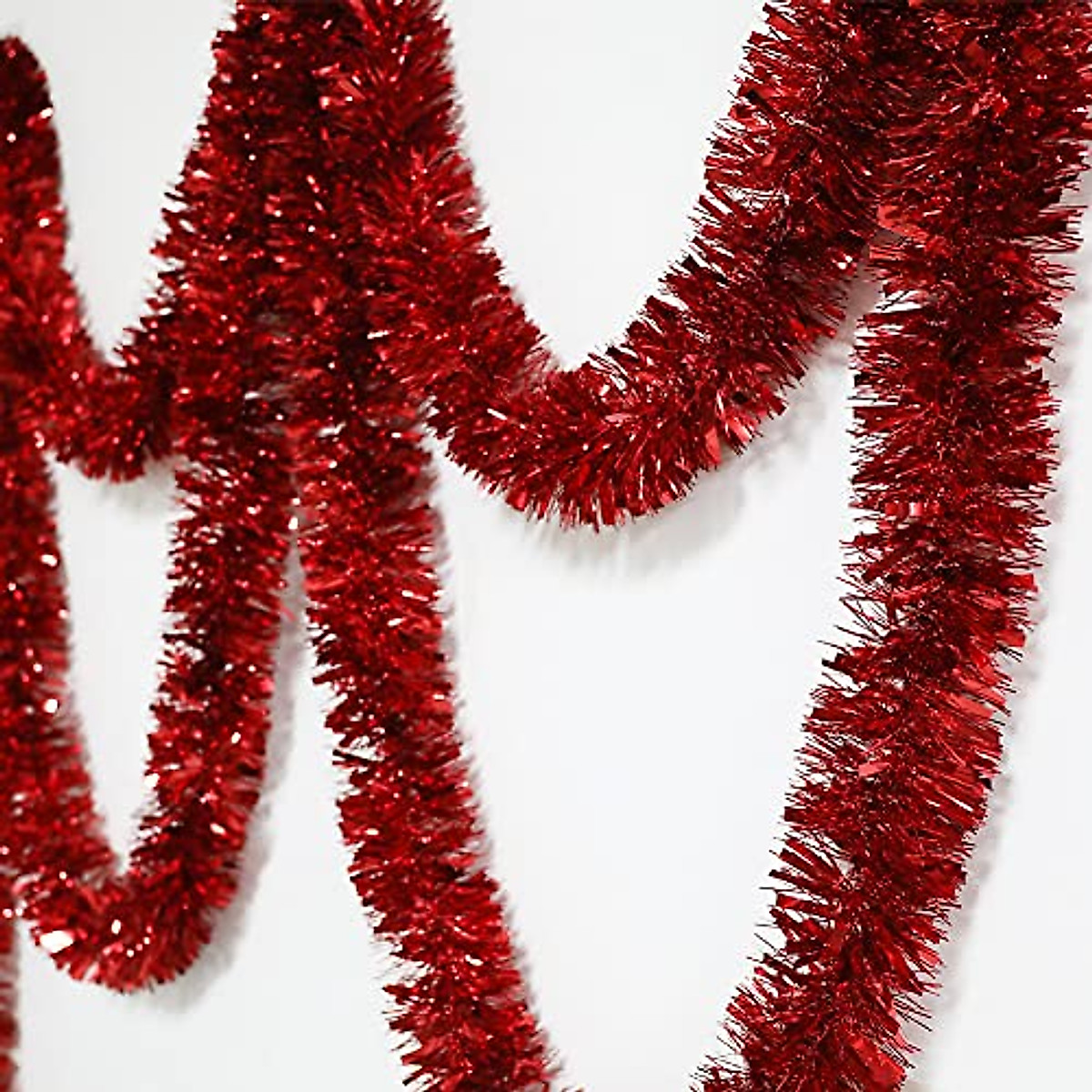 CareCheer 25 Feet Christmas Tree Tinsel Garland Metallic Twist Garland Sparkly Foil Streamer for Mardi Gras Parade Floats Christmas New Year Wedding Birthday, 4" x 25' (Red)