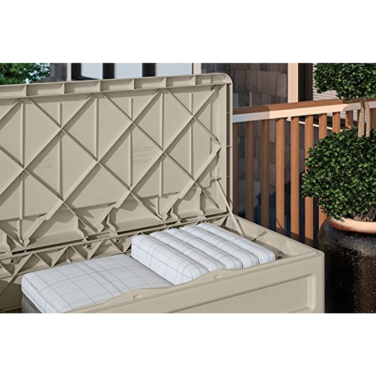 Suncast DB7500 73 Gallon Waterproof Outdoor Storage Container for Patio Furniture, Pools Toys, Yard Tools-Stor Deck Box, With Wheels, 73 Gal, Light Taupe